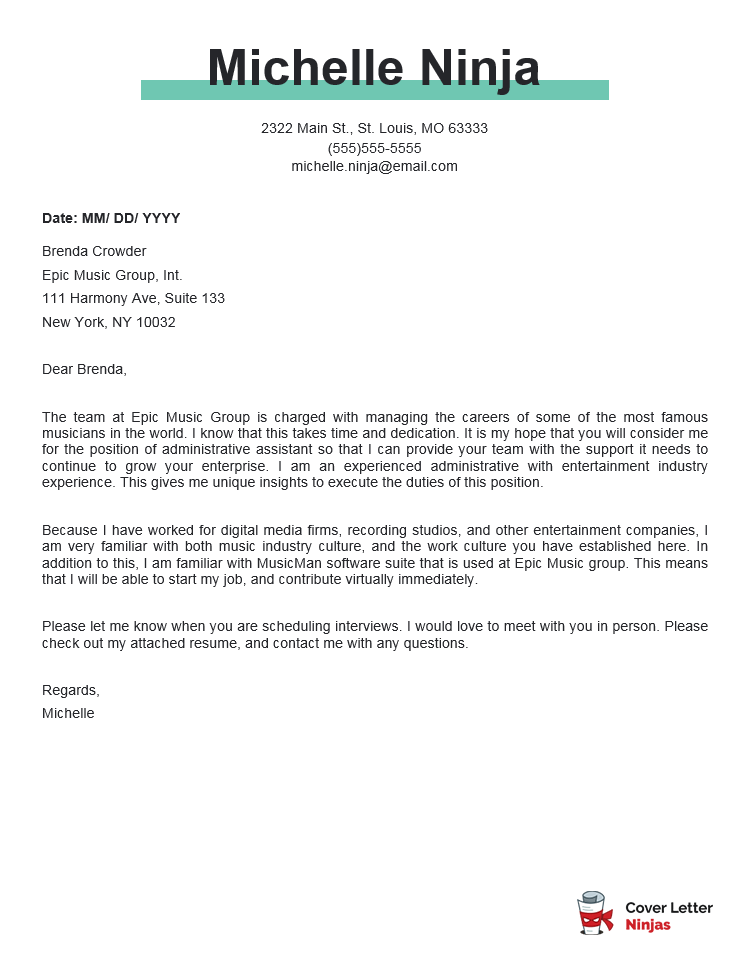Cover Letter Example For Administrative Assistant Cover Letter Ninjas