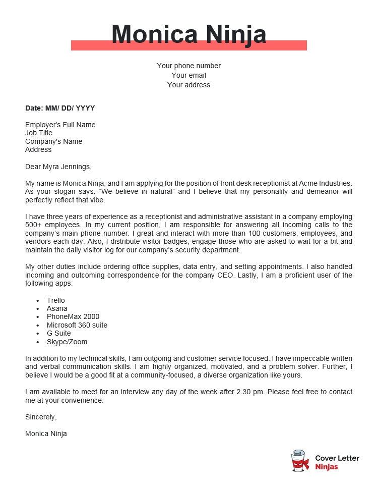 A Memorable Receptionist Cover Letter Example Cover Letter Ninjas