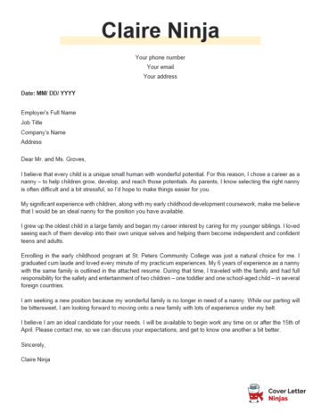 A Lovely Nanny Cover Letter Example - Cover Letter Ninjas