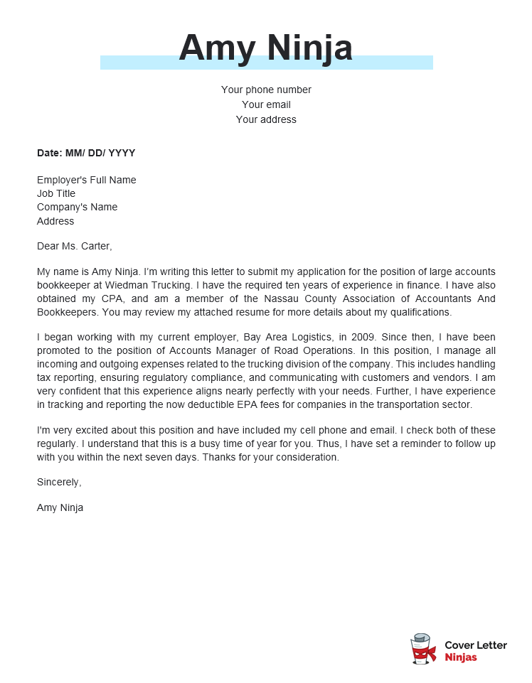 A Working Bookkeeper Cover Letter Example Cover Letter Ninjas