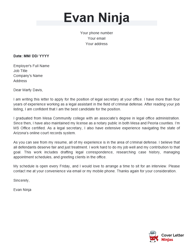 A Lovely Legal Secretary Cover Letter Example Cover Letter Ninjas