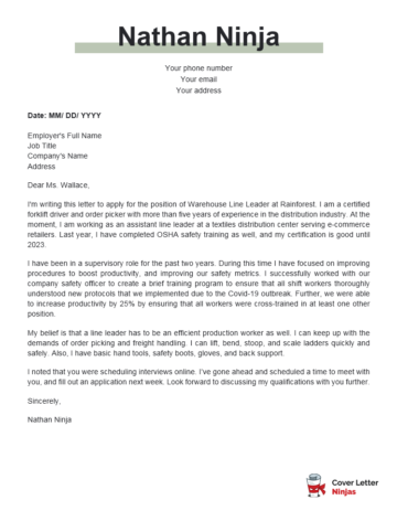 Cover Letter Example For Warehouse Associate - Cover Letter Ninjas