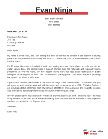 A Composed Cover Letter Example For a Musician - Cover Letter Ninjas