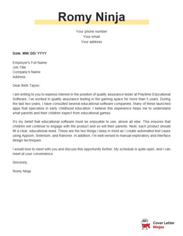 A Quick QA Tester Cover Letter Example - Cover Letter Ninjas