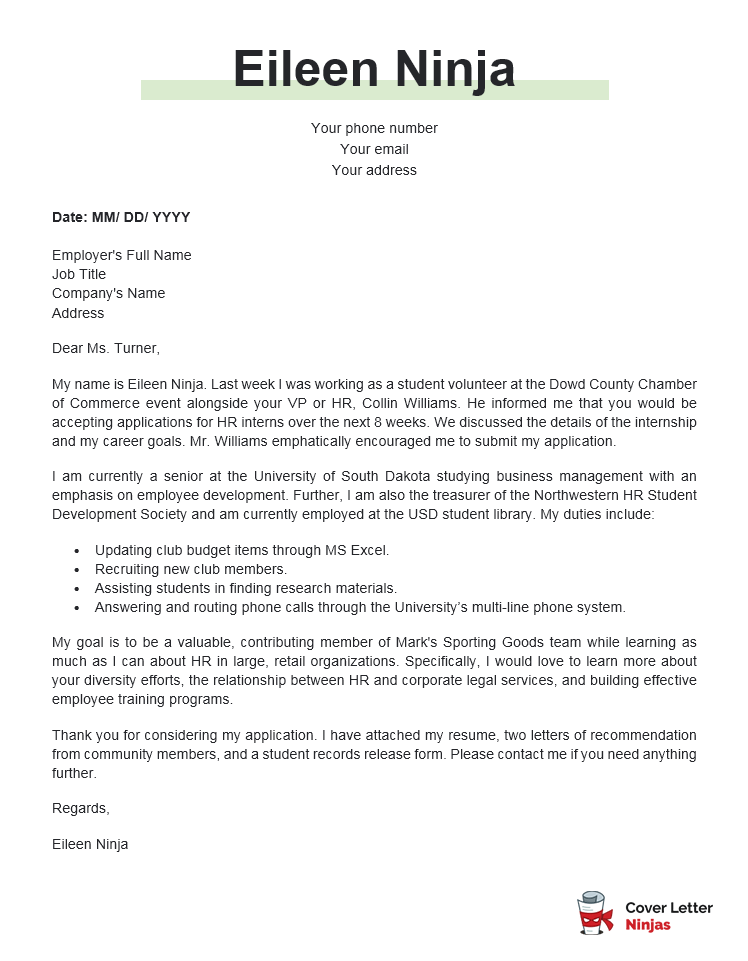Human Resource Internship Cover Letter Example Cover Letter Ninjas
