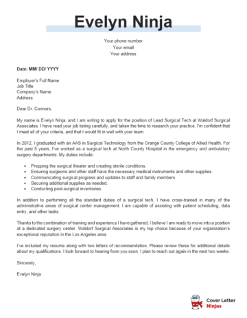 A Staunch Surgical Tech Cover Letter Example - Cover Letter Ninjas
