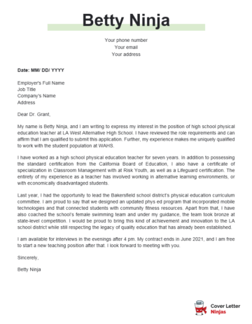 Physical Education Cover Letter Example - Cover Letter Ninjas