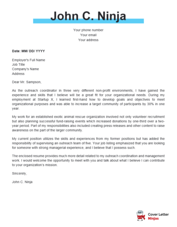 Outreach Coordinator Cover Letter Example - Cover Letter Ninjas