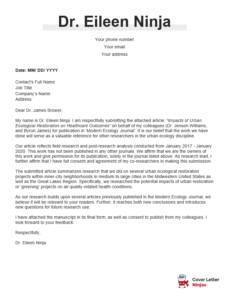 Cover Letter Journal Submission Example