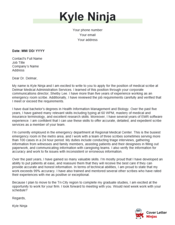 Cover Letter For a Medical Scribe: Tips and Example - Cover Letter Ninjas