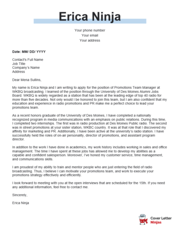 Creative Cover Letter for a Recent Graduate - Cover Letter Ninjas
