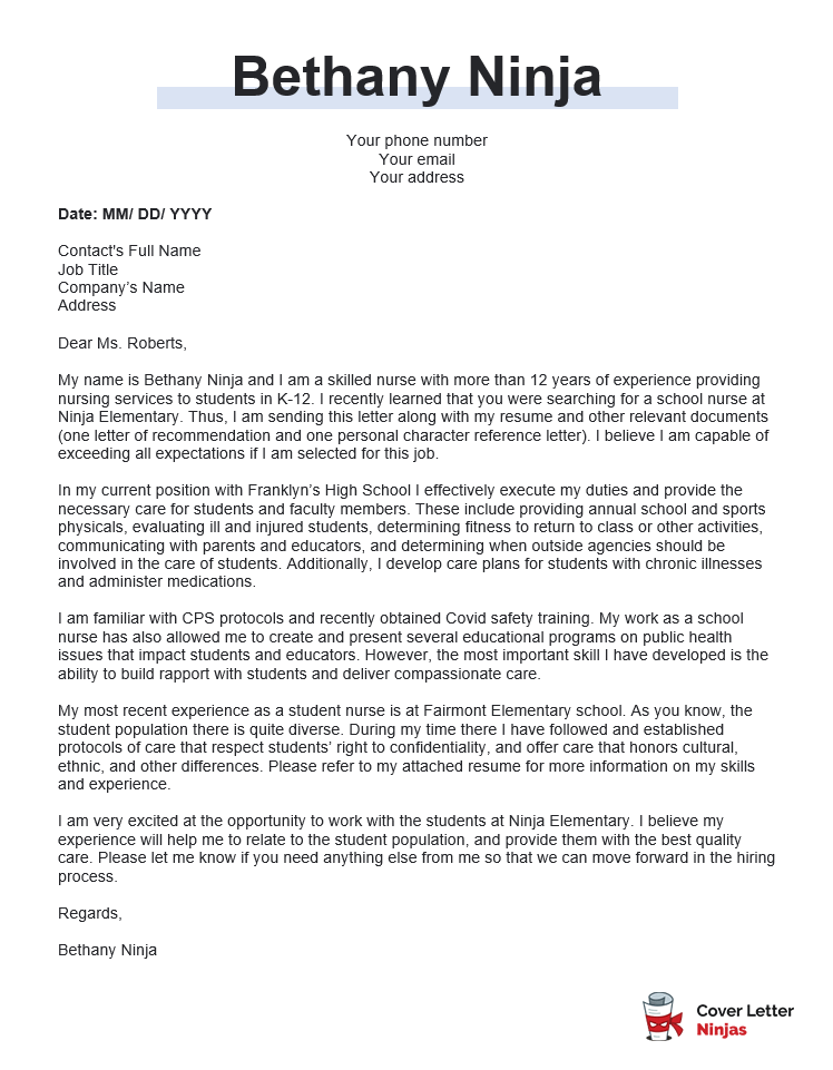 School Nurse Cover Letter Example and Tips - Cover Letter Ninjas School Nurse Cover Letter Example and Tips - Cover Letter Ninjas