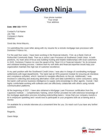 Cover Letter Example for Mortgage Loan Processor - Cover Letter Ninjas