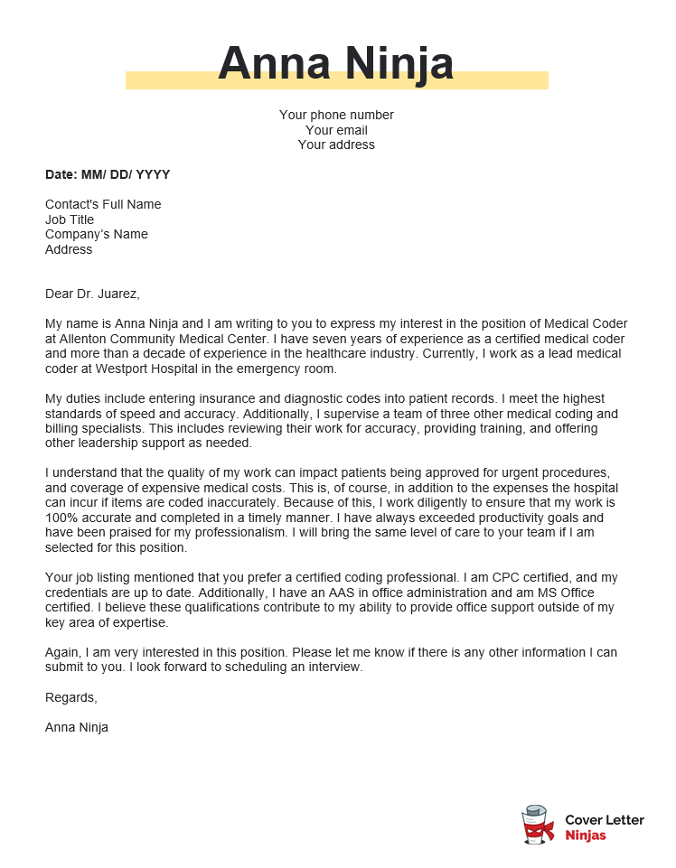 Medical Coder Cover Letter Example And Tips Cover Letter Ninjas