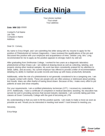 Example Cover Letter For Phlebotomist - Cover Letter Ninjas